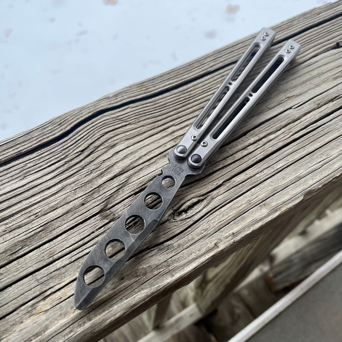 Damascus 2-piece channel Titanium handle Trainer Balisong ...